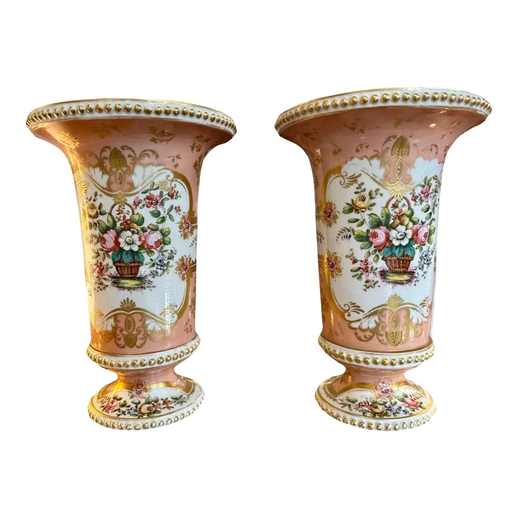 Pair of Mid 19th Century Rockingham Porcelain Vases in Soft Pink, Gilt ...