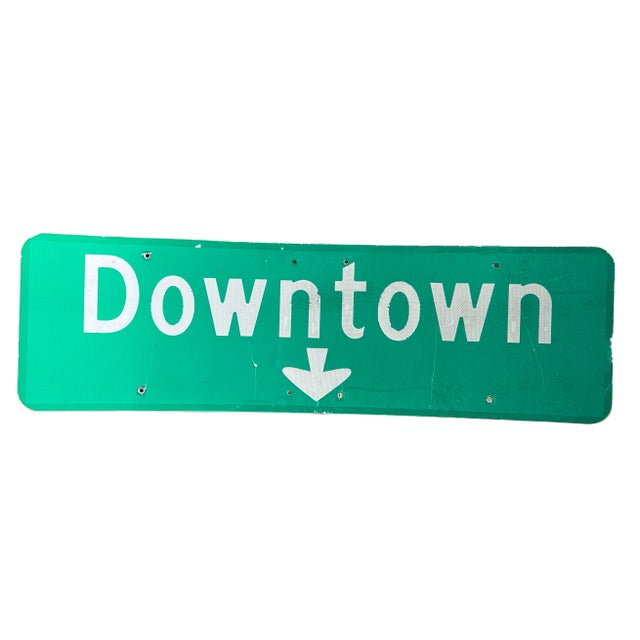 1980s Large Vintage Green and White "Downtown" Street Sign With Arrow ...