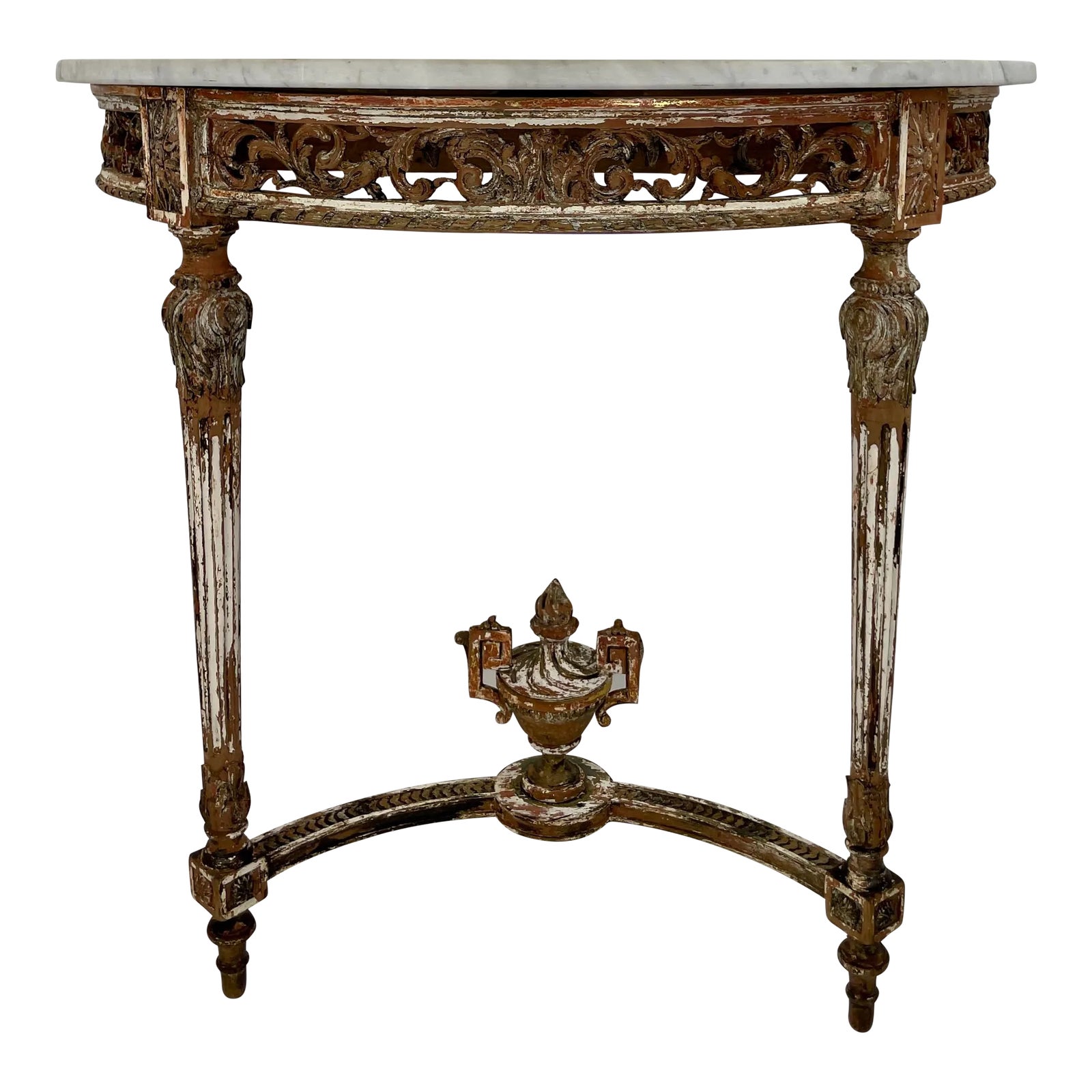 Antique Hand Carved French Demi-Lune With Marble Top | Chairish