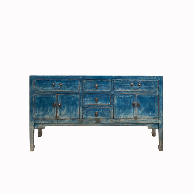 Distressed Teal Sailor Blue Tall Console Table Cabinet Credenza | Chairish