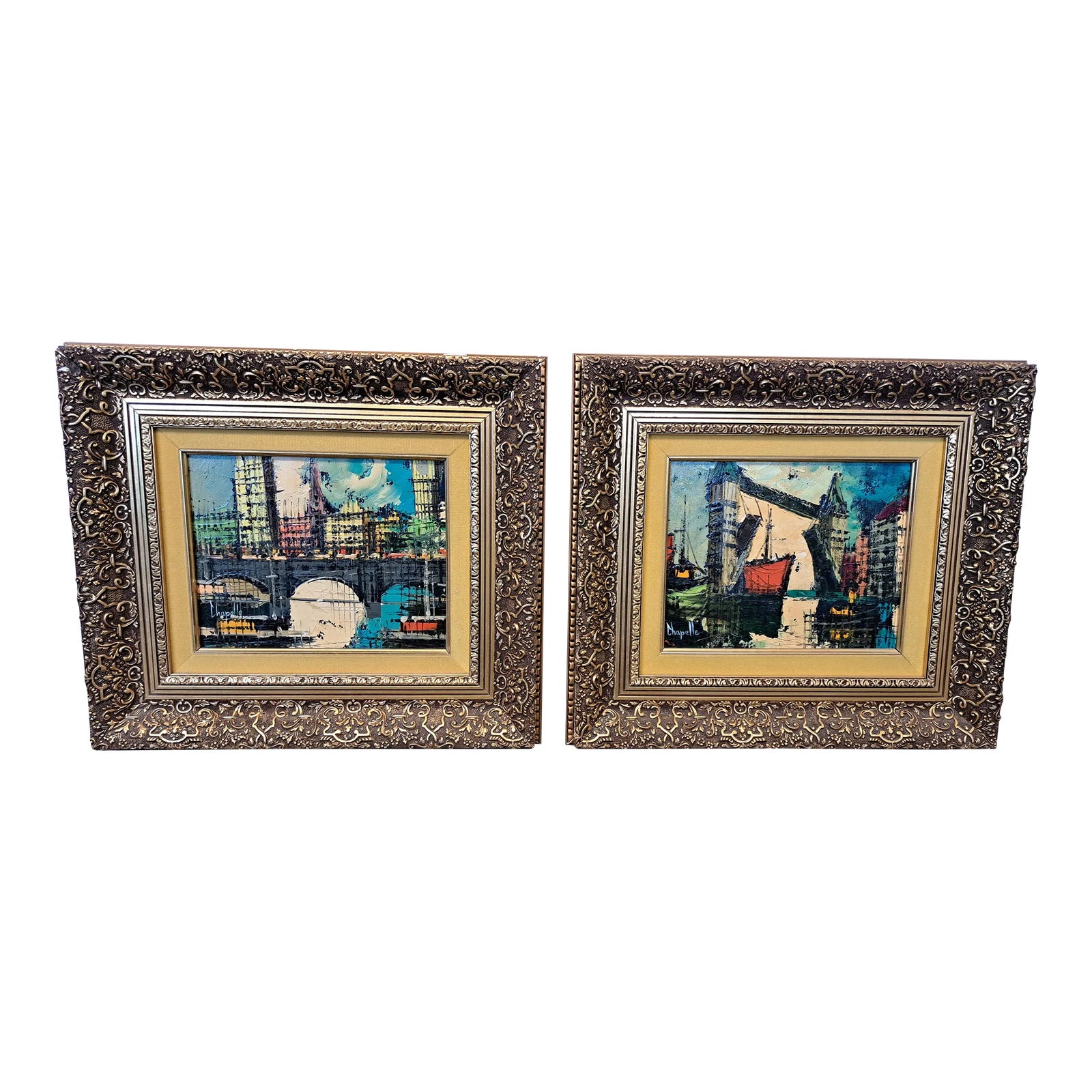 2 Expressionist Oil Paintings, Signed Chapelle, Bridges, MCM | Chairish