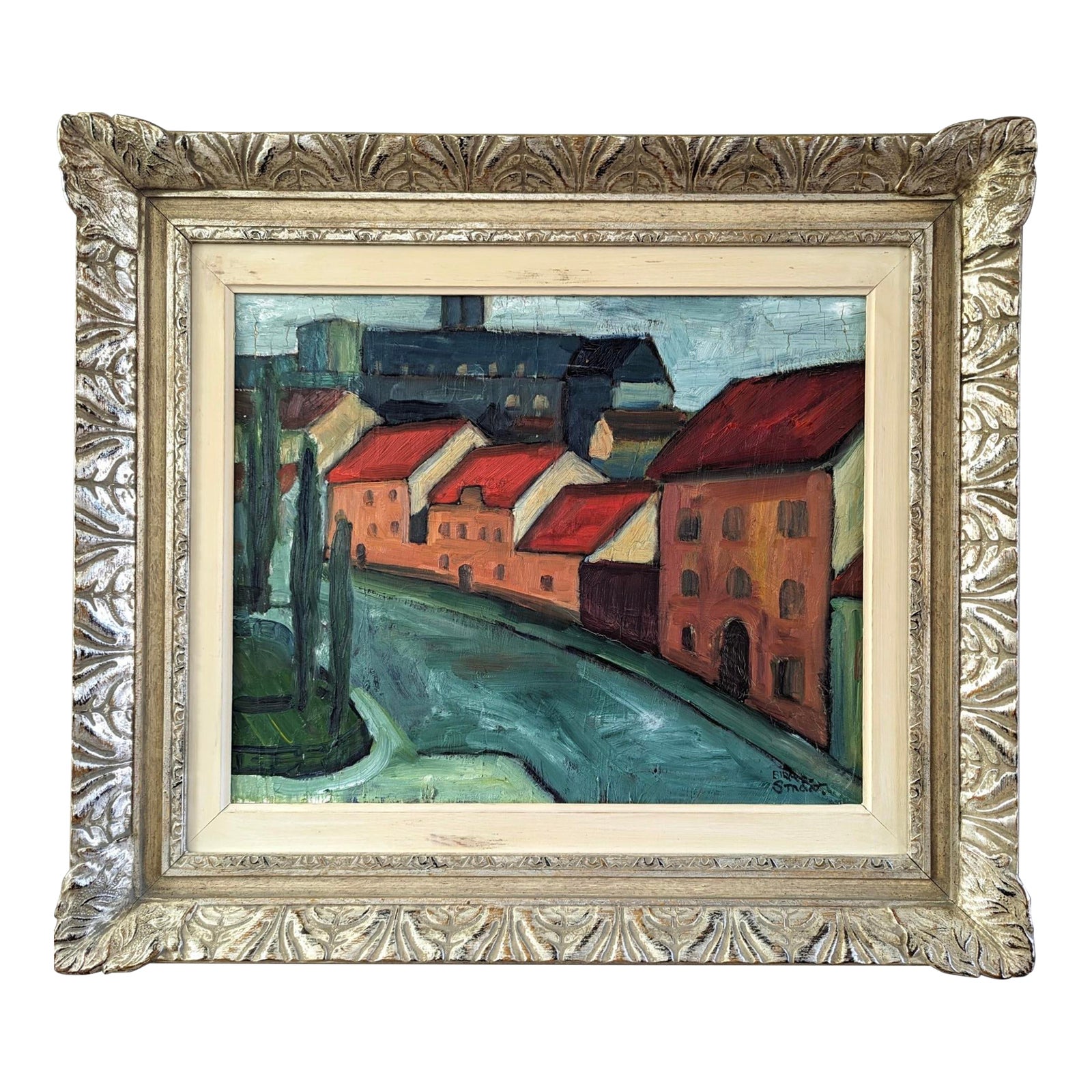Mid-Century Modern Swedish "Stretch of Houses" Vintage Street Scene Oil ...