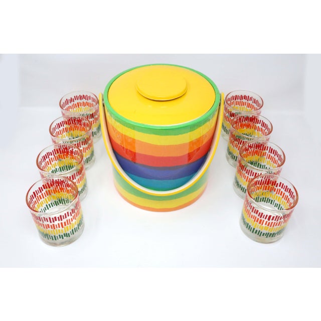 1980's Rainbow Stripe Ice Bucket and Glassware - Set of 9 | Chairish