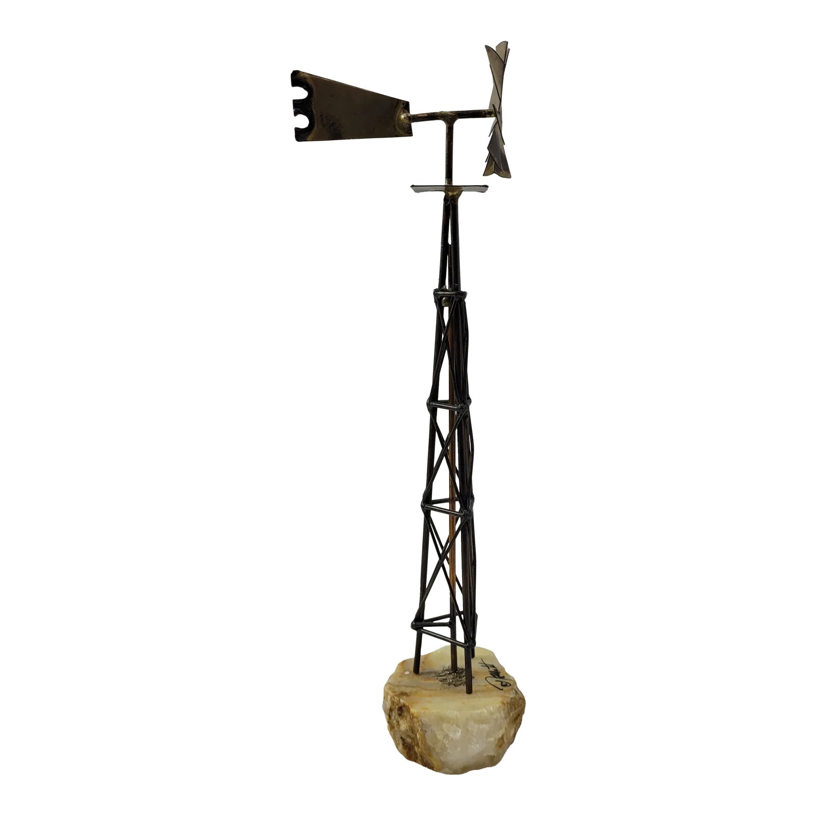 1970s Mid Century Modern Metal Art Brass Wind Mill Rock Base Signed ...