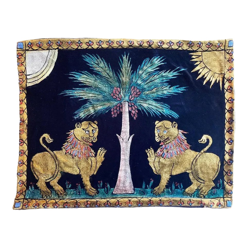 Italian Hand Painted Lion and Palms on Silk Velvet Pillow | Chairish