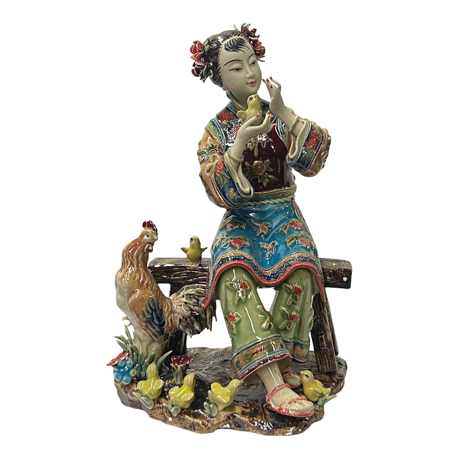Chinese Porcelain Qing Style Dressing Rooster Chicken Lady Figure ...