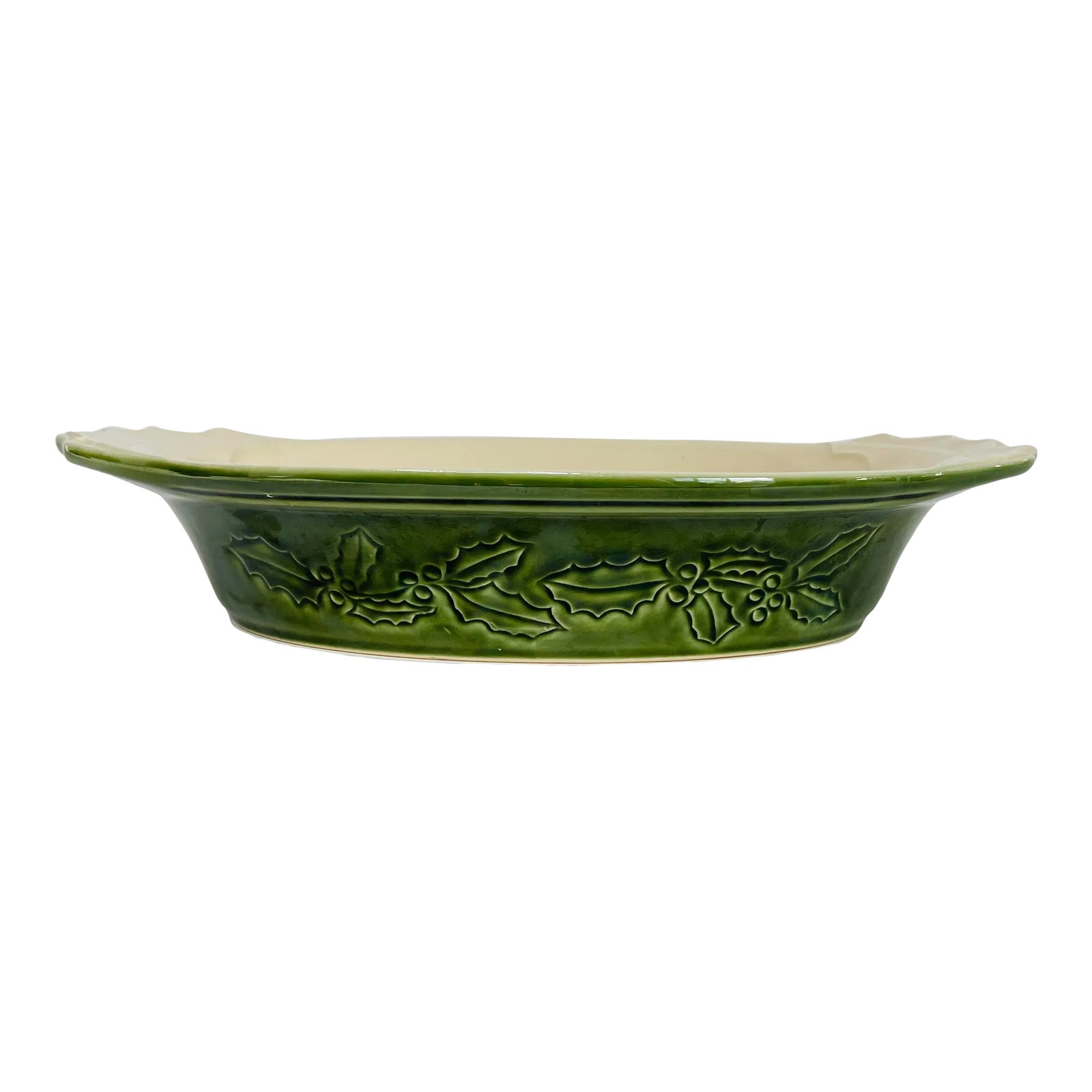1990s Appolia French Ceramic Green Holy Berry Serving Dish | Chairish
