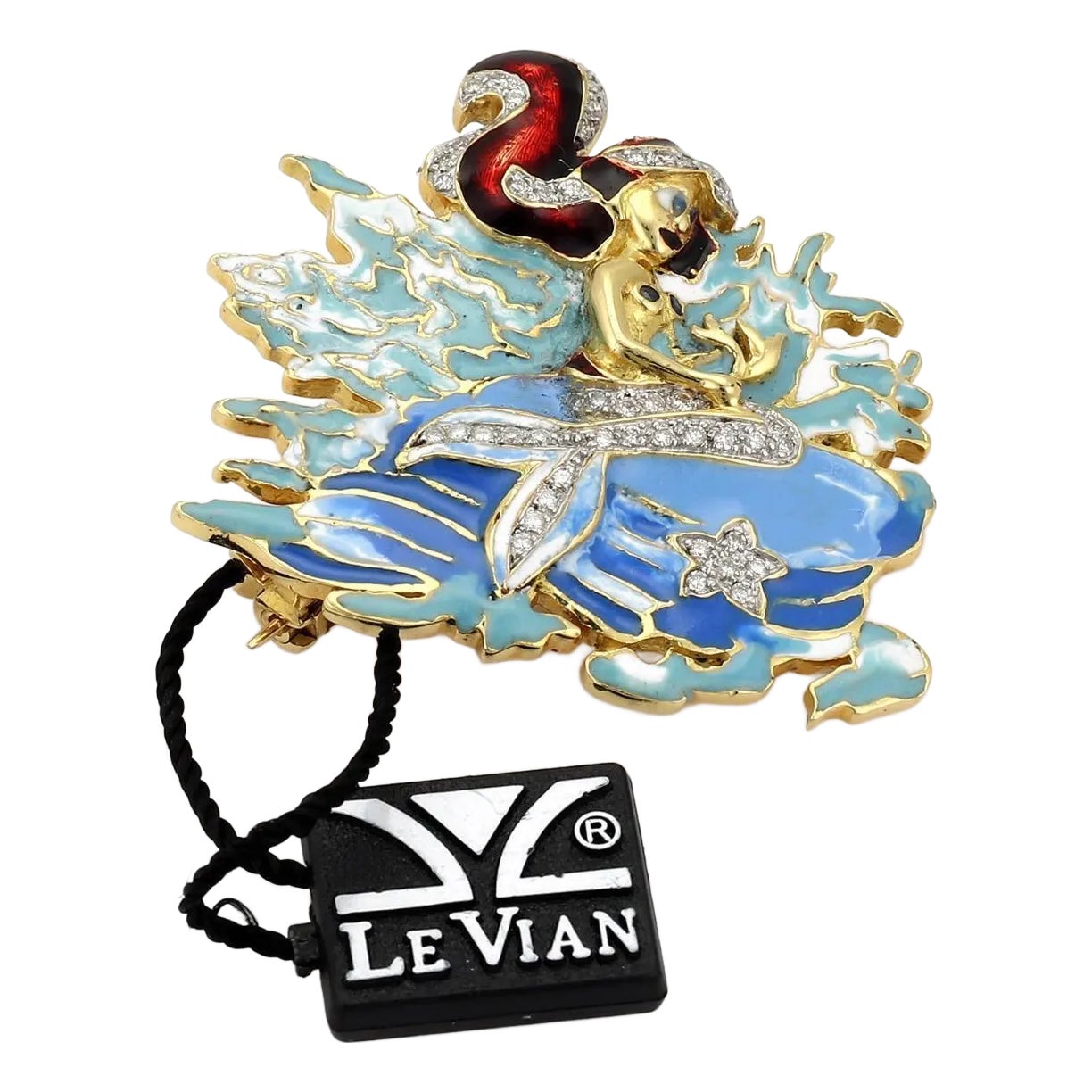 LeVian Mermaid Brooch Diamond 18k Yellow Gold Multicolor Enamel | Chairish