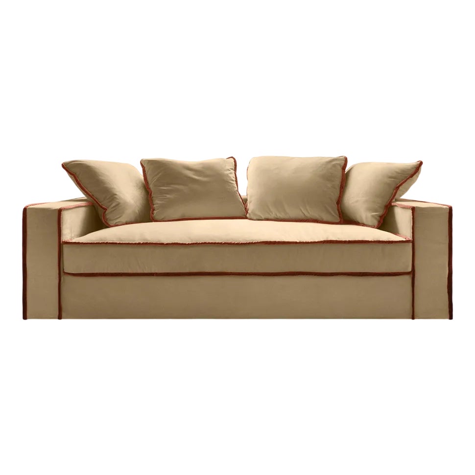 Rafaella Two-Seater Sofa in Camel Beige Velvet with Dark Orange Trim ...