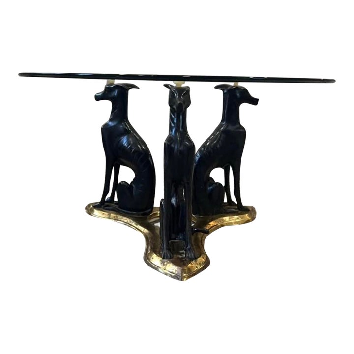 1980s Bronze Brass and Glass Greyhound Whippet Coffee Table Attributed ...