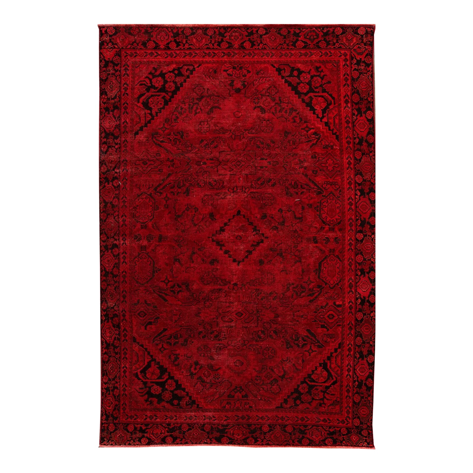 Vintage Turkish Overdyed Handmade Red Floral Wool Rug | Chairish