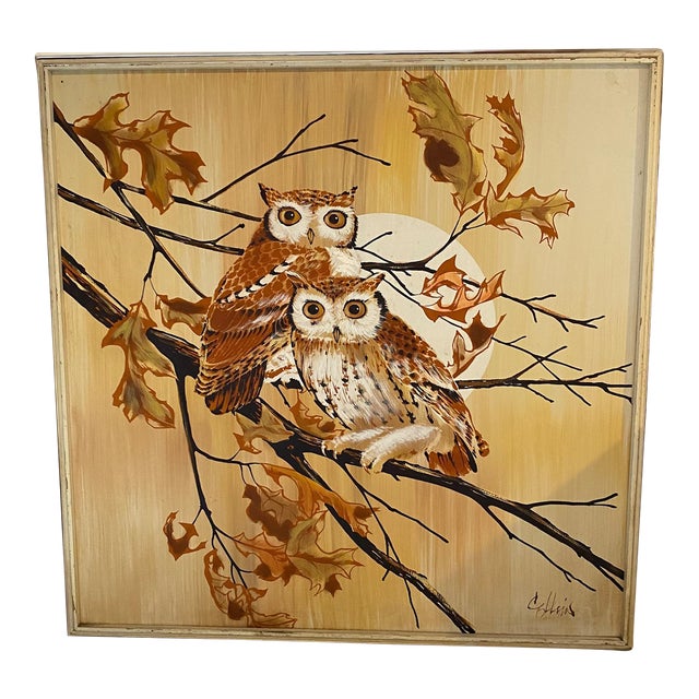 1970s Vintage Large Oil Painting of Two Owls- Signed | Chairish