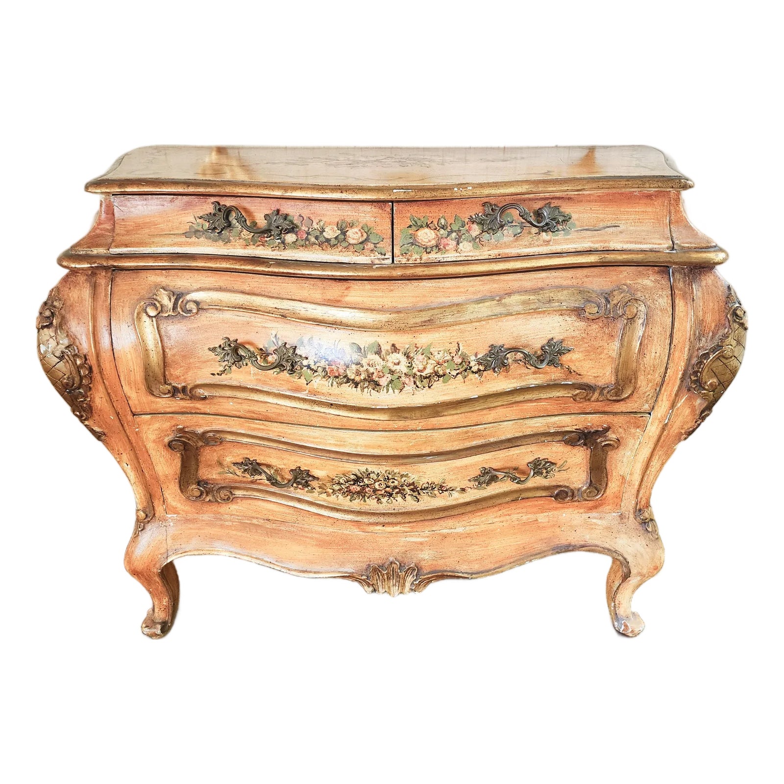 1990s Rustic Italian Hand Painted Floral Tole Bombay Chest of Drawers ...