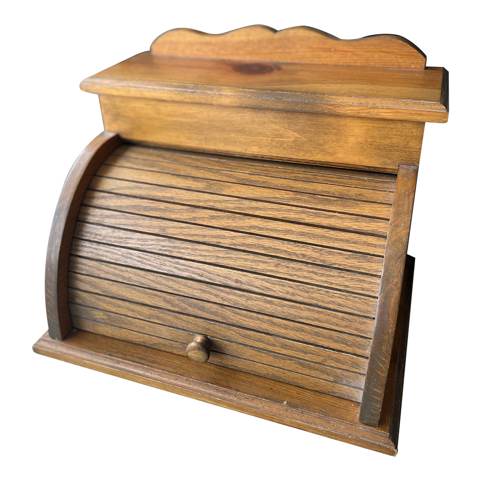 Vintage Wooden Roll-Top Bread Box With Scalloped Edge & Storage Shelf ...