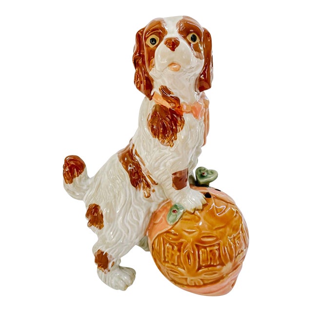 Staffordshire Pottery Spaniel on Carved Ball Dog Figurine | Chairish