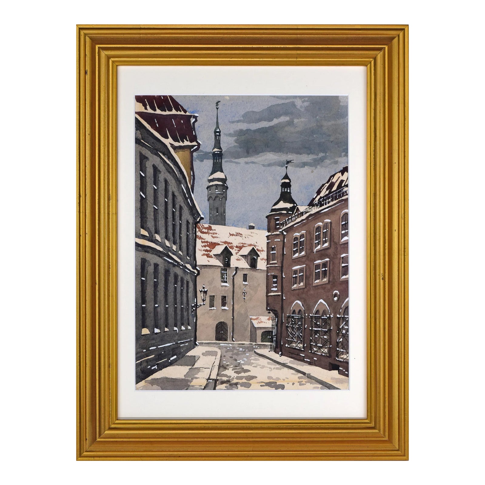 Vintage European Winter Architectural Cityscape Watercolor Painting C ...