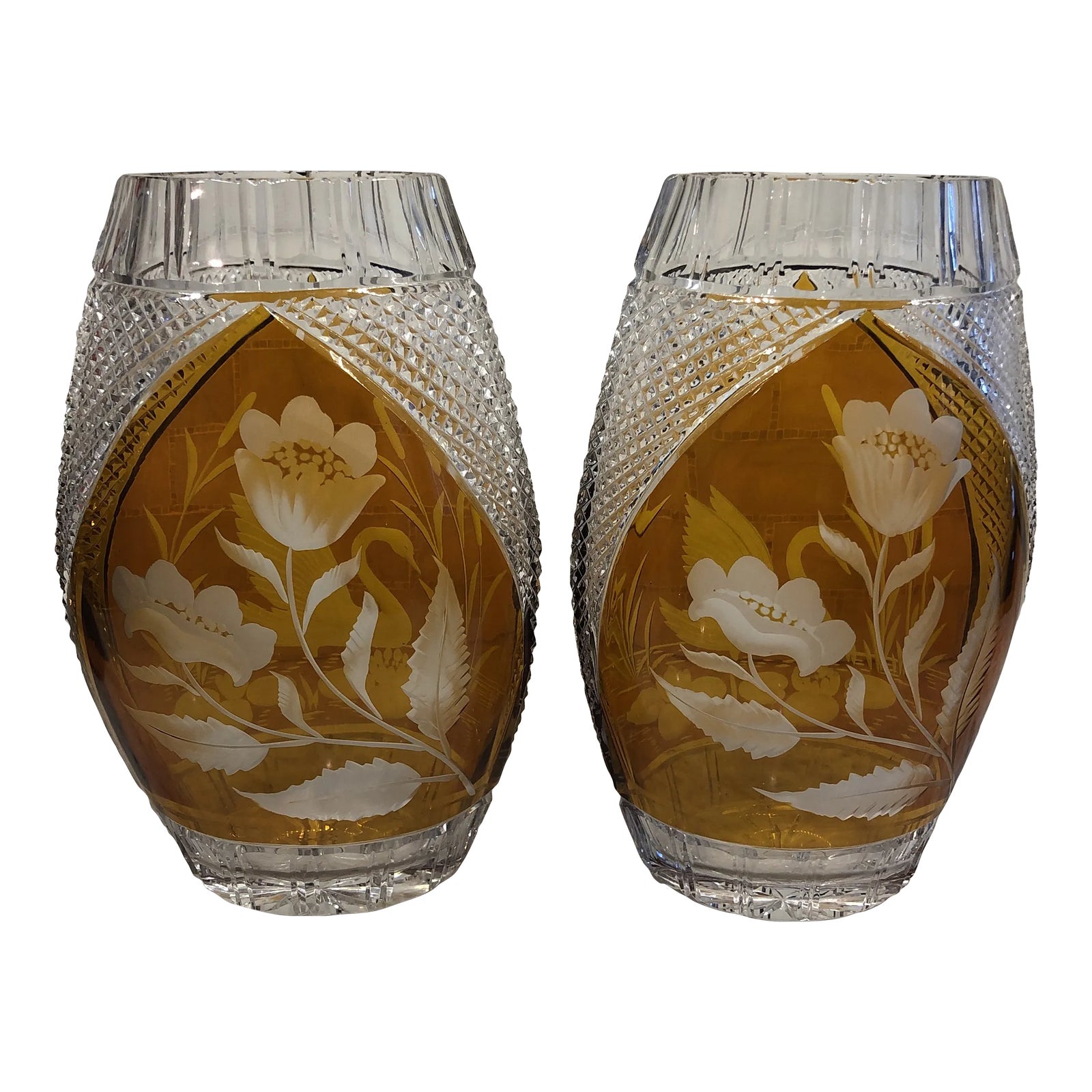 Vintage 1960s Julia Cut Crystal Amber Vases - A Pair | Chairish