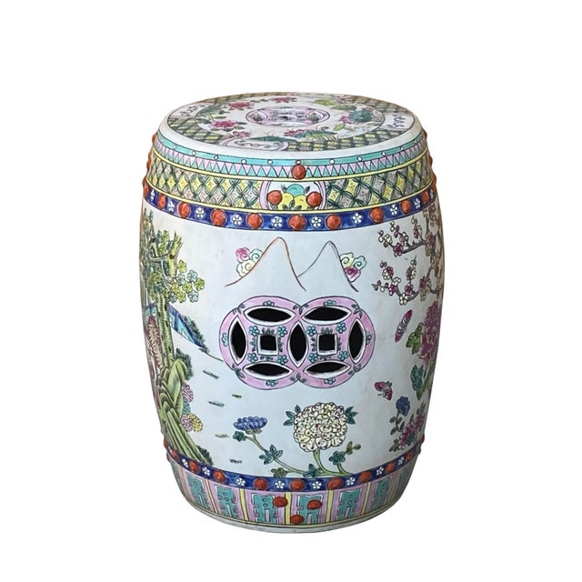 Vintage Oriental Famille Rose Mixed Color Porcelain Round Stool Ottoman ...