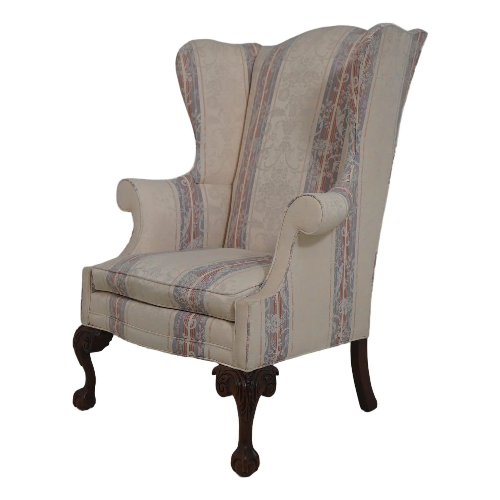 Southwood Clawfoot Mahogany Damask Wing Chair | Chairish