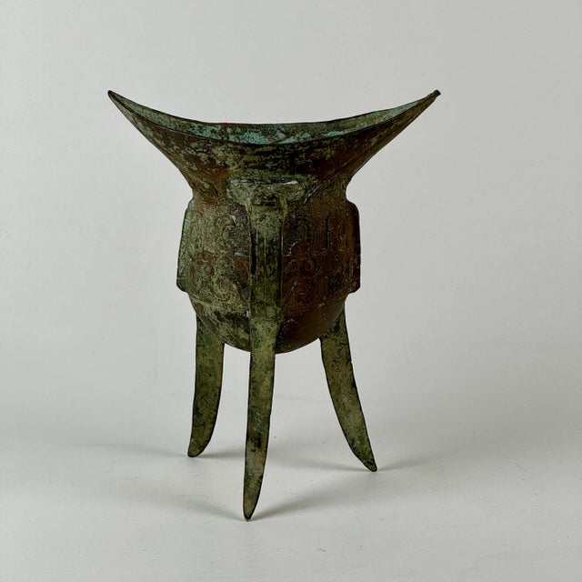 20th Century Chinese Bronze 3 Legged Vessel With Ram Head Handle | Chairish