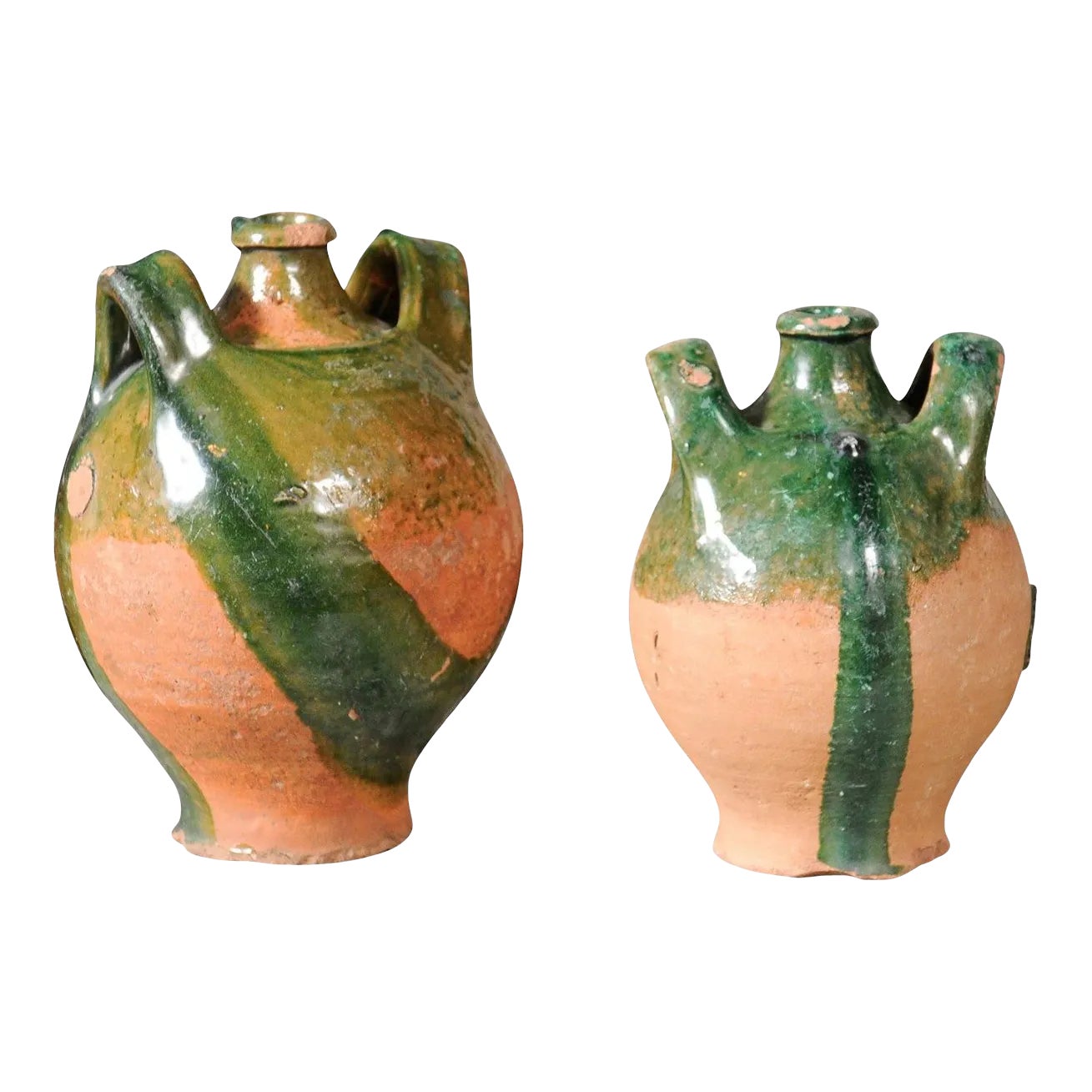 French Provincial Napoléon III Era Green Glazed Pottery Jugs, Circa ...