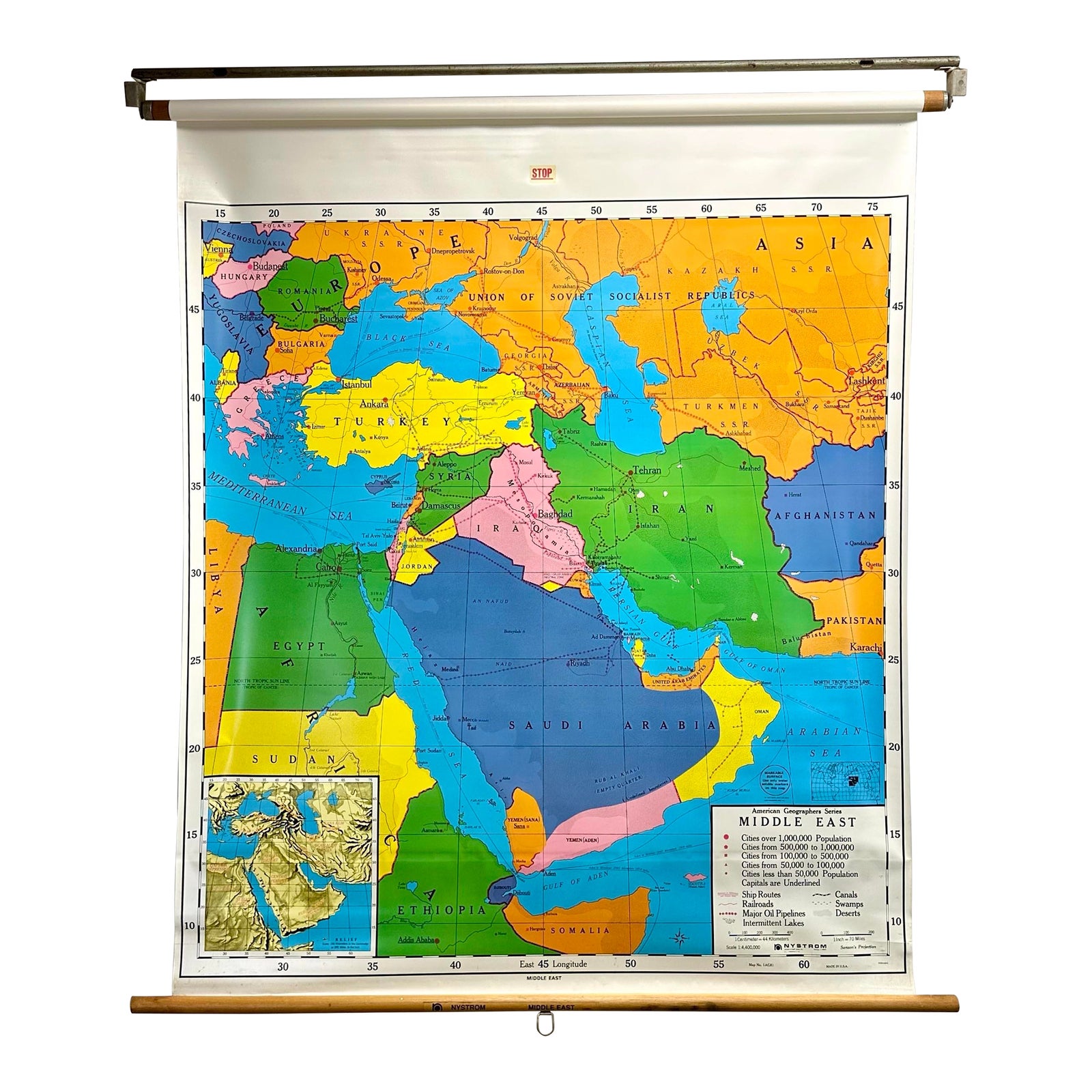 Vintage Nystrom Middle East Roll-Up School Wall Map 1ag81 | Chairish