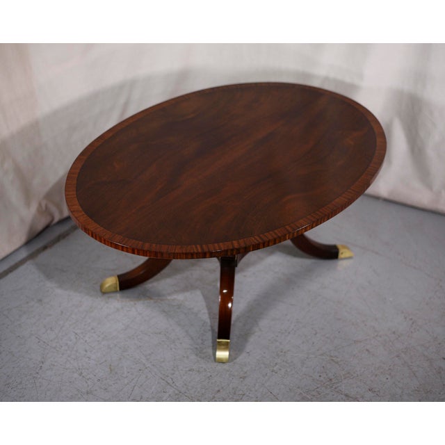1950s Traditional Banded Mahogany Oval Pedestal Coffee Table by Charak ...