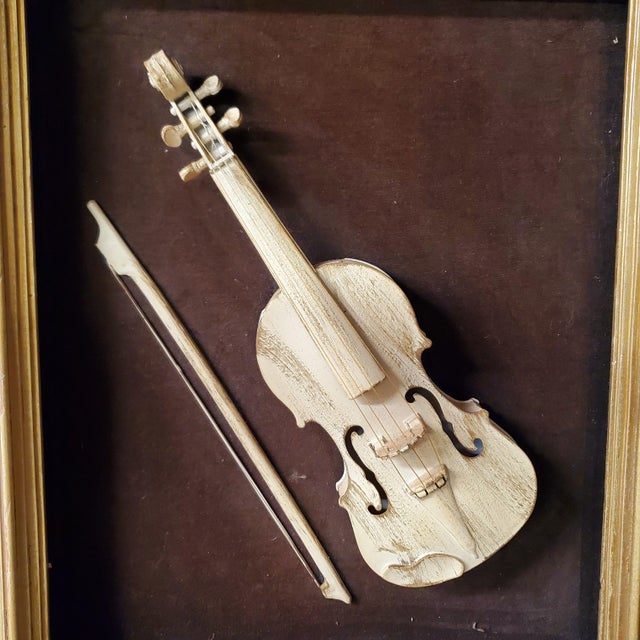 Vintage Wooden Violin Sculpture Mounted in Gold Frame | Chairish