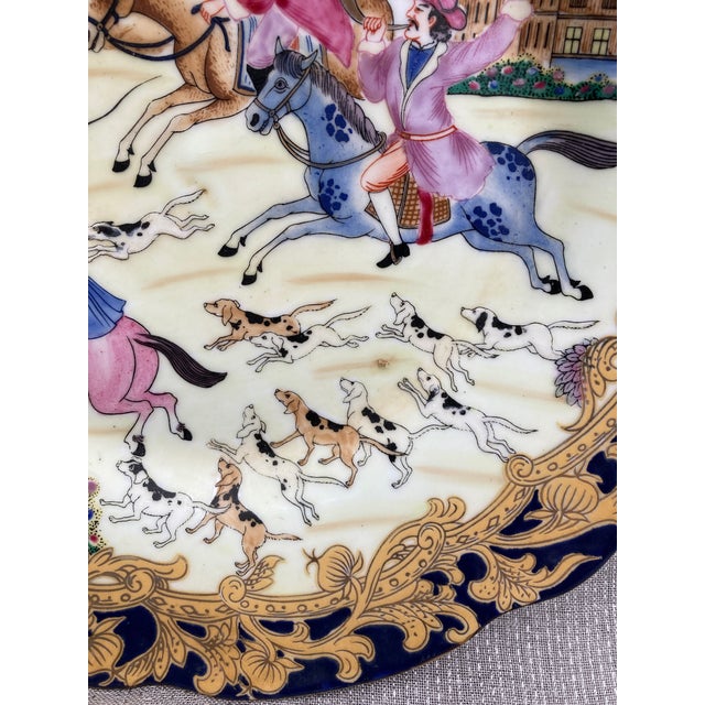 Vintage Cobalt Blue and Gold Gilt Fox Hunting Porcelain Plate | Chairish