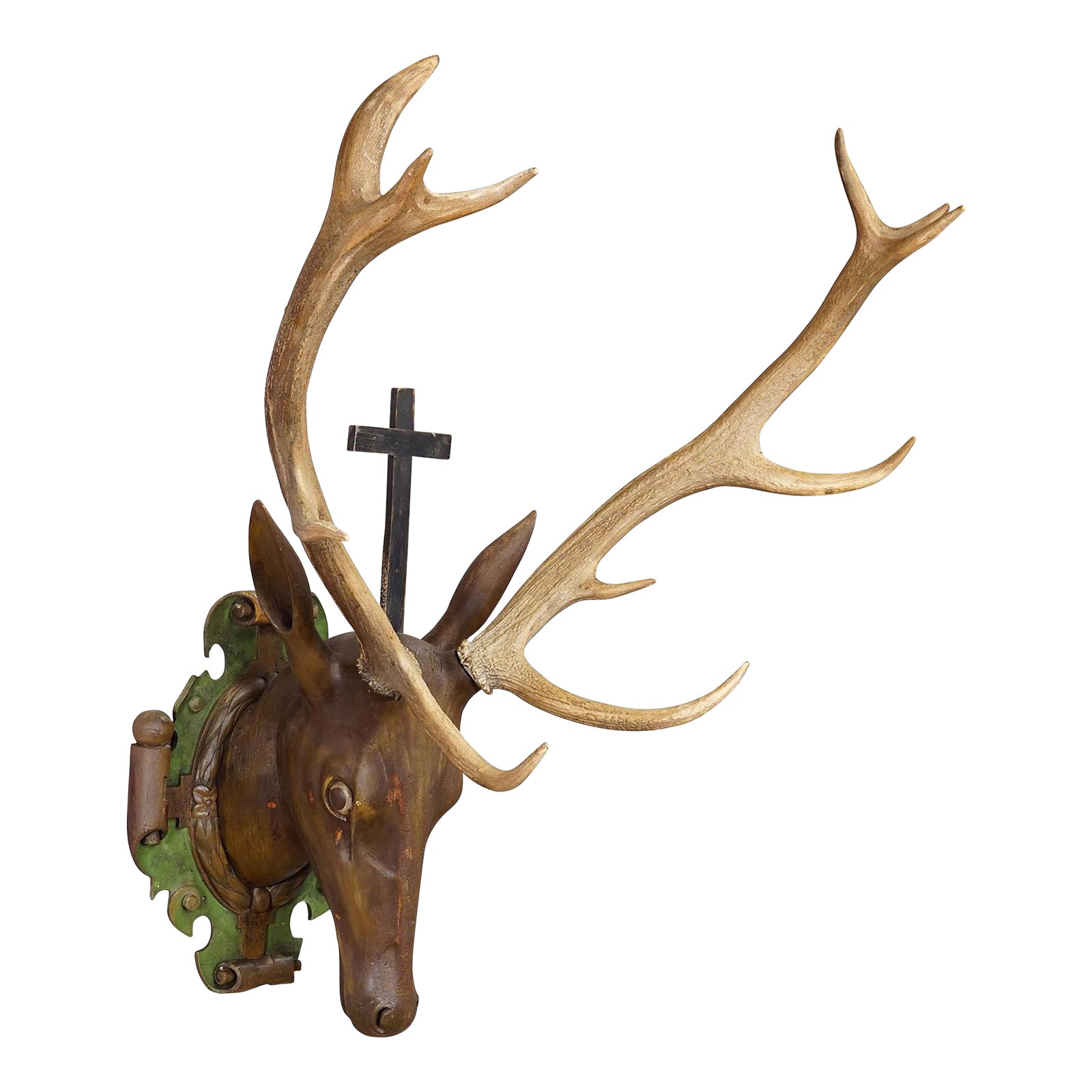 Antique Wooden Carved Black Forest Hubertus Stag Head With 12 Point ...