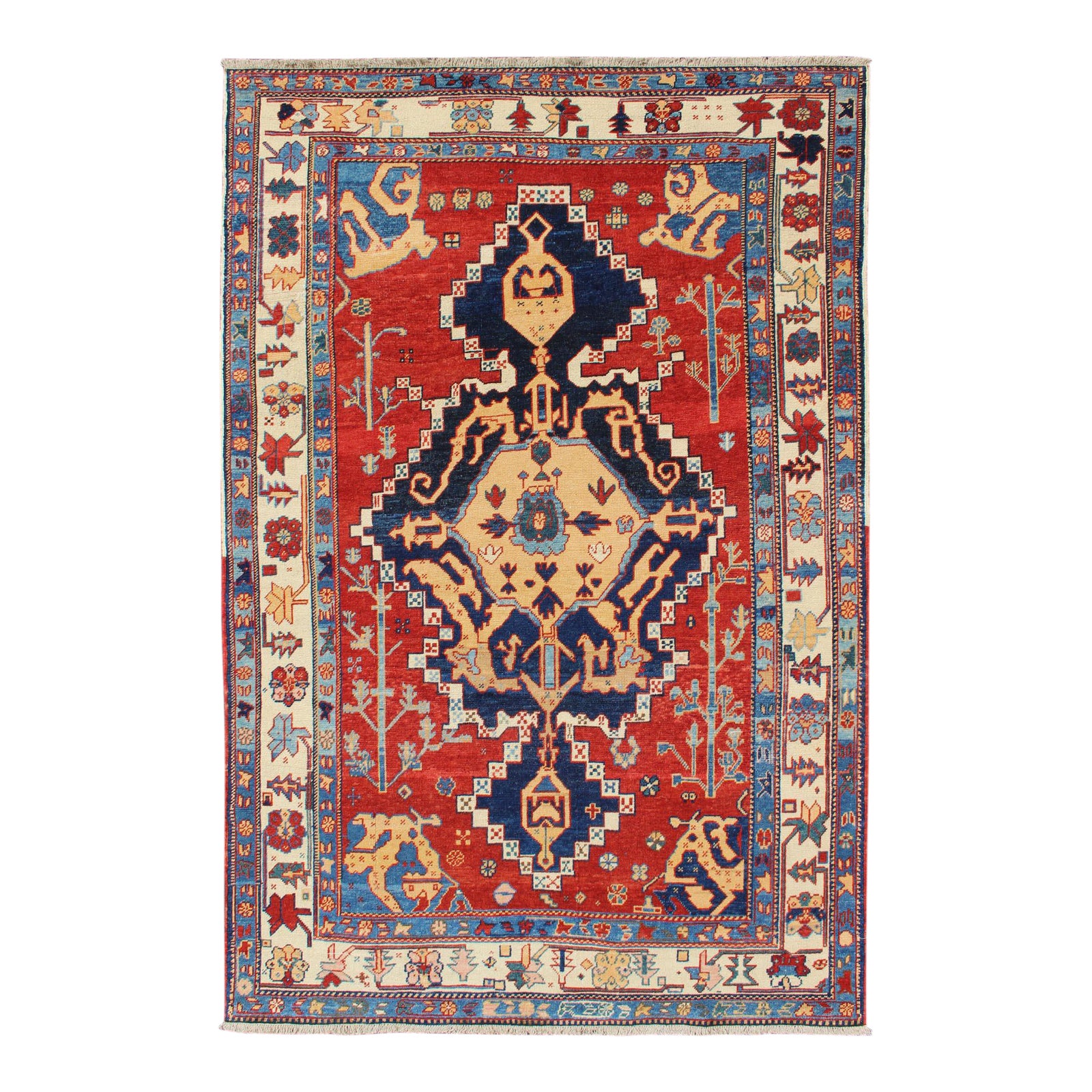 Vintage Turkish Tribal Rug With Jewel-Toned Central Medallion and Vivid ...