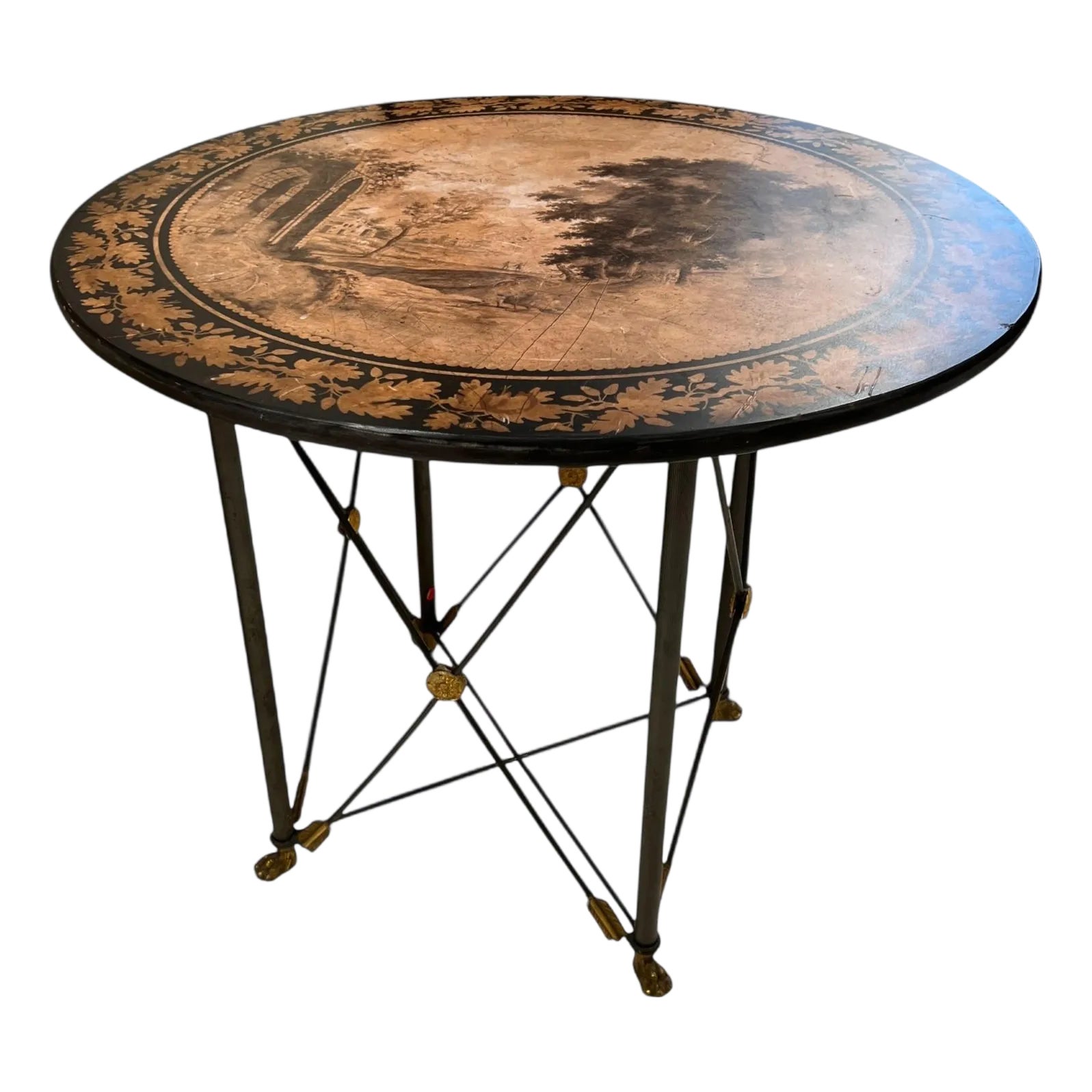 1900 Neoclassical Sepia Grisaille Table With Iron Base | Chairish