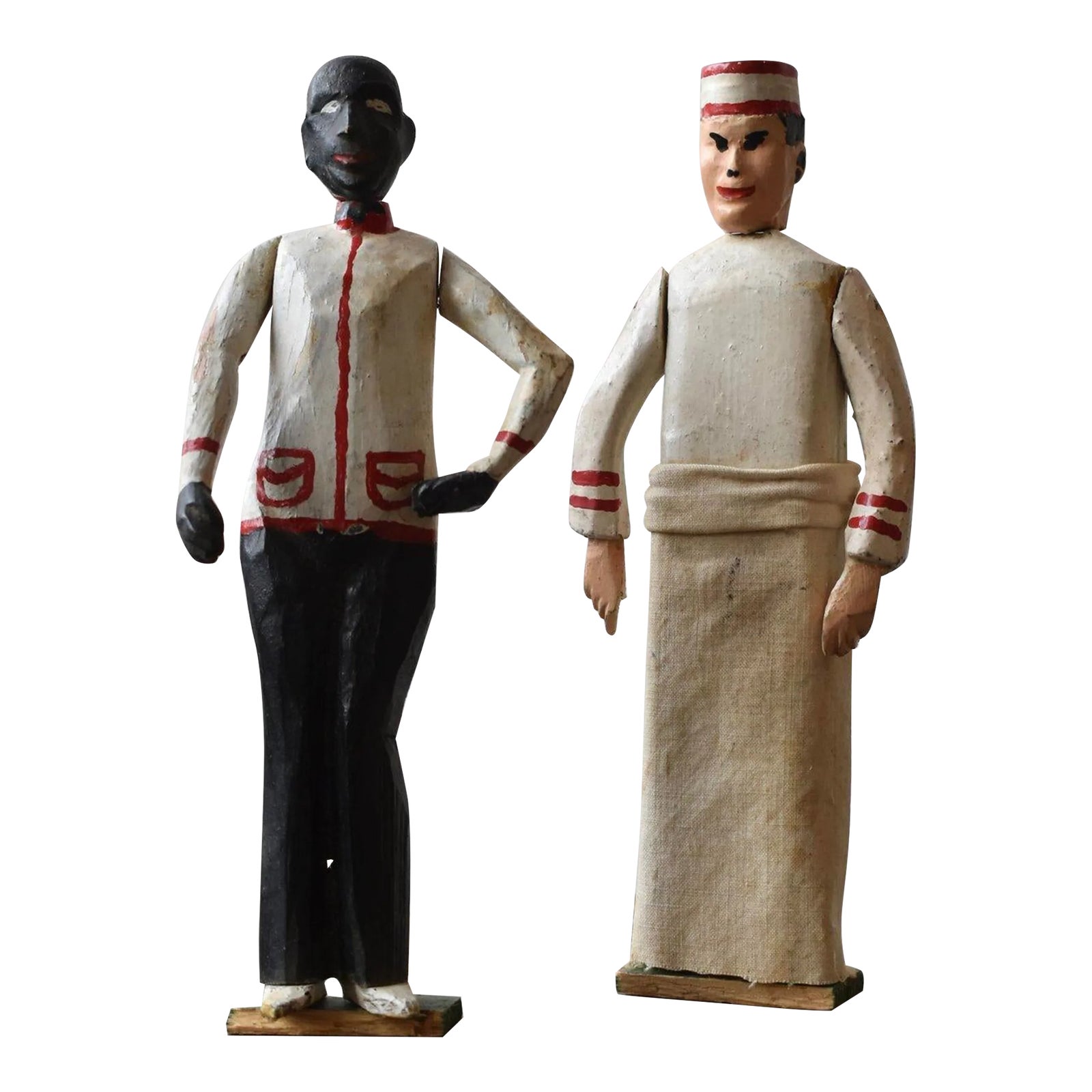 Antique Folk Art Carved Black + White Occupational Figures, a Pair ...