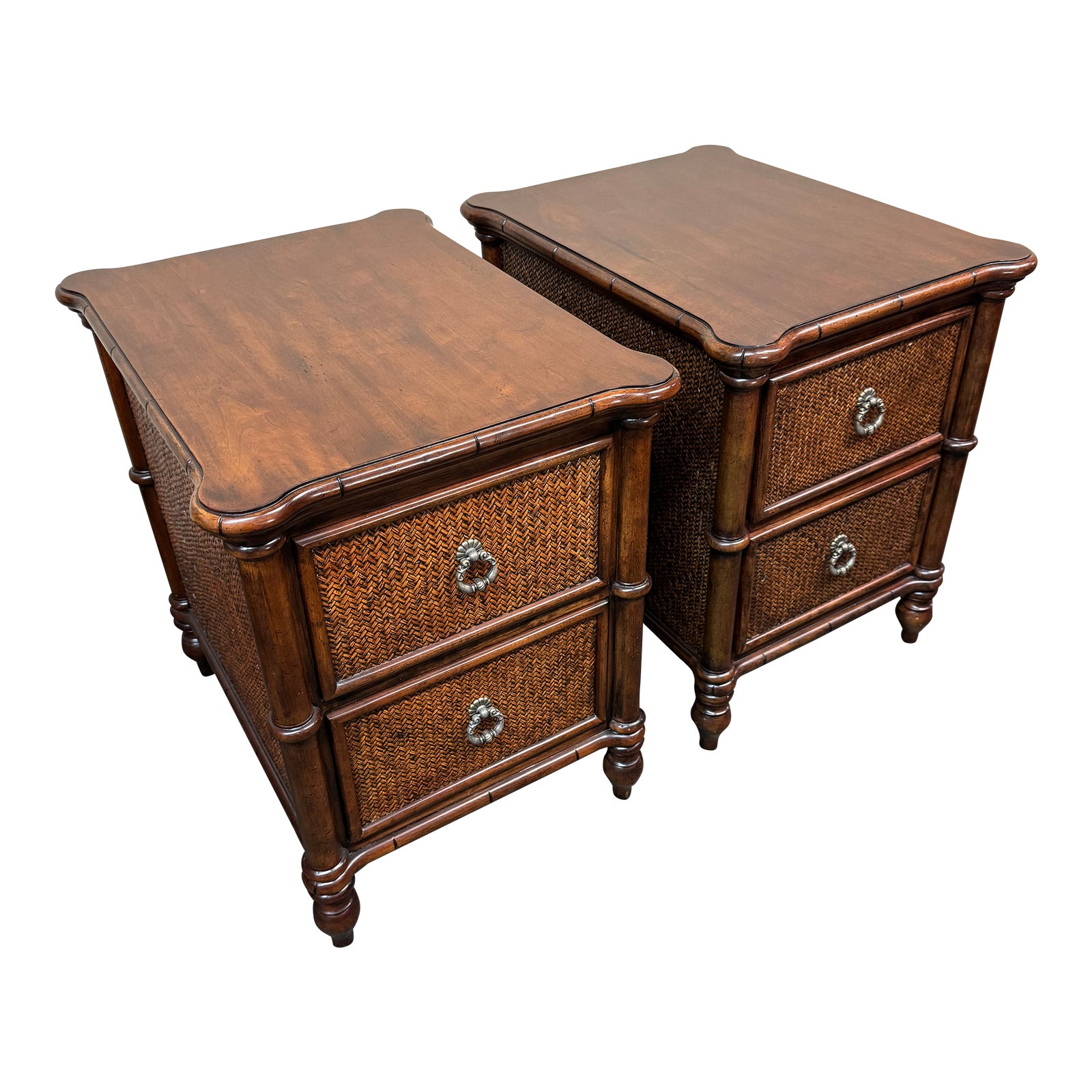 Thomasville Rattan + Faux Bamboo Nightstands, a Pair | Chairish