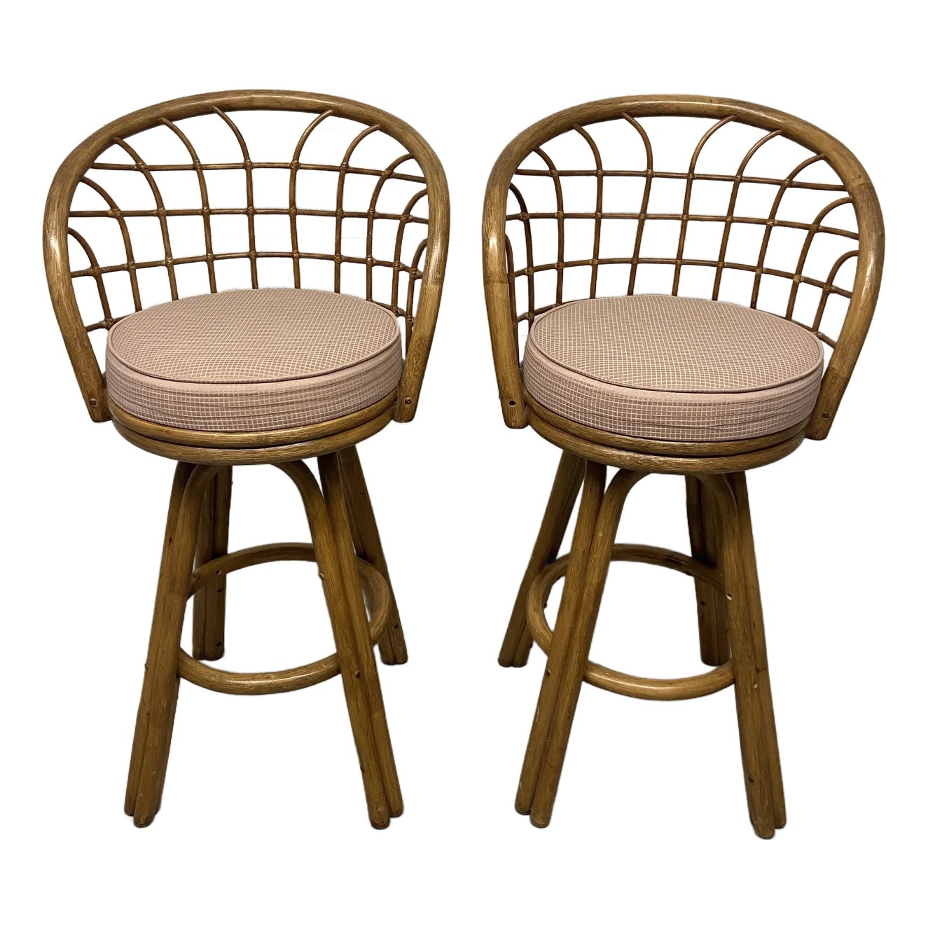 Midcentury Rattan Swivel Barstools - A Pair | Chairish