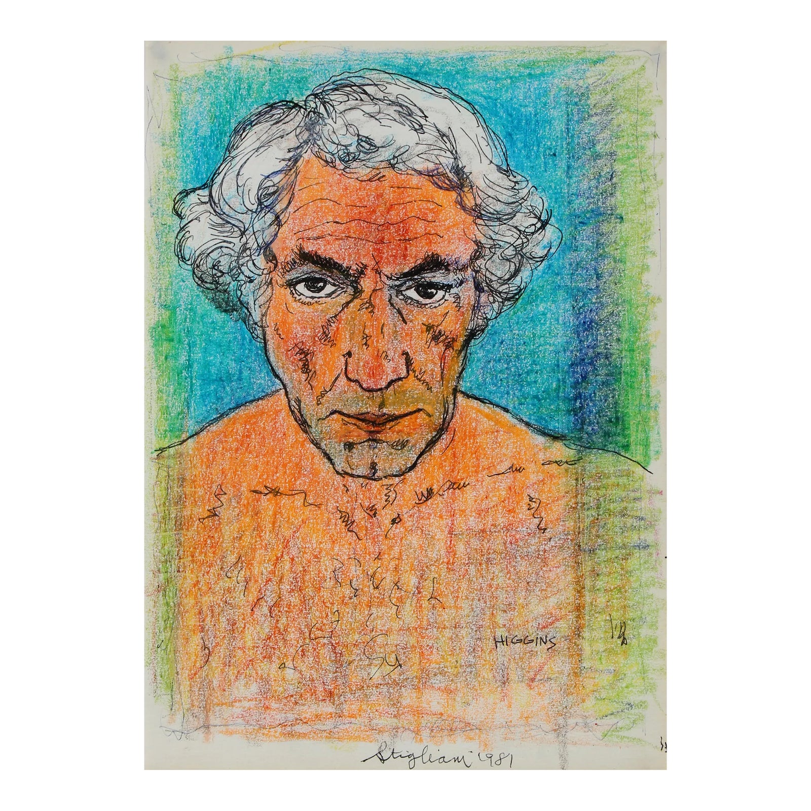Gazing Modernist Portrait 1981 Wax Crayon on Paper | Chairish