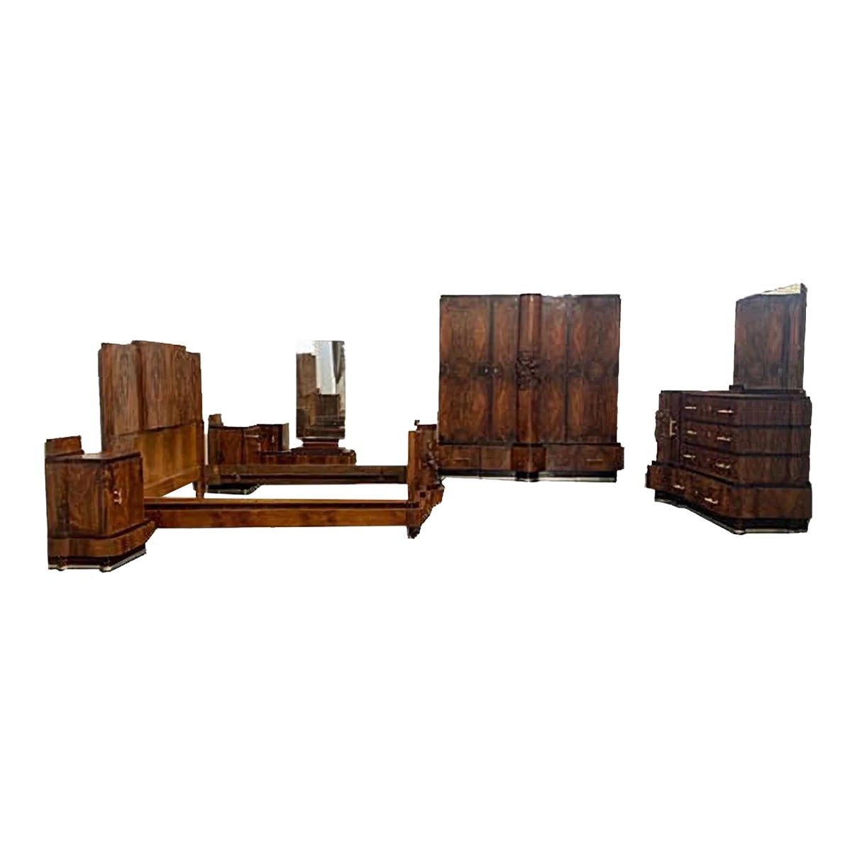 Walnut Furniture with Carvings by Ducrot, 1920s, Set of 7 | Chairish