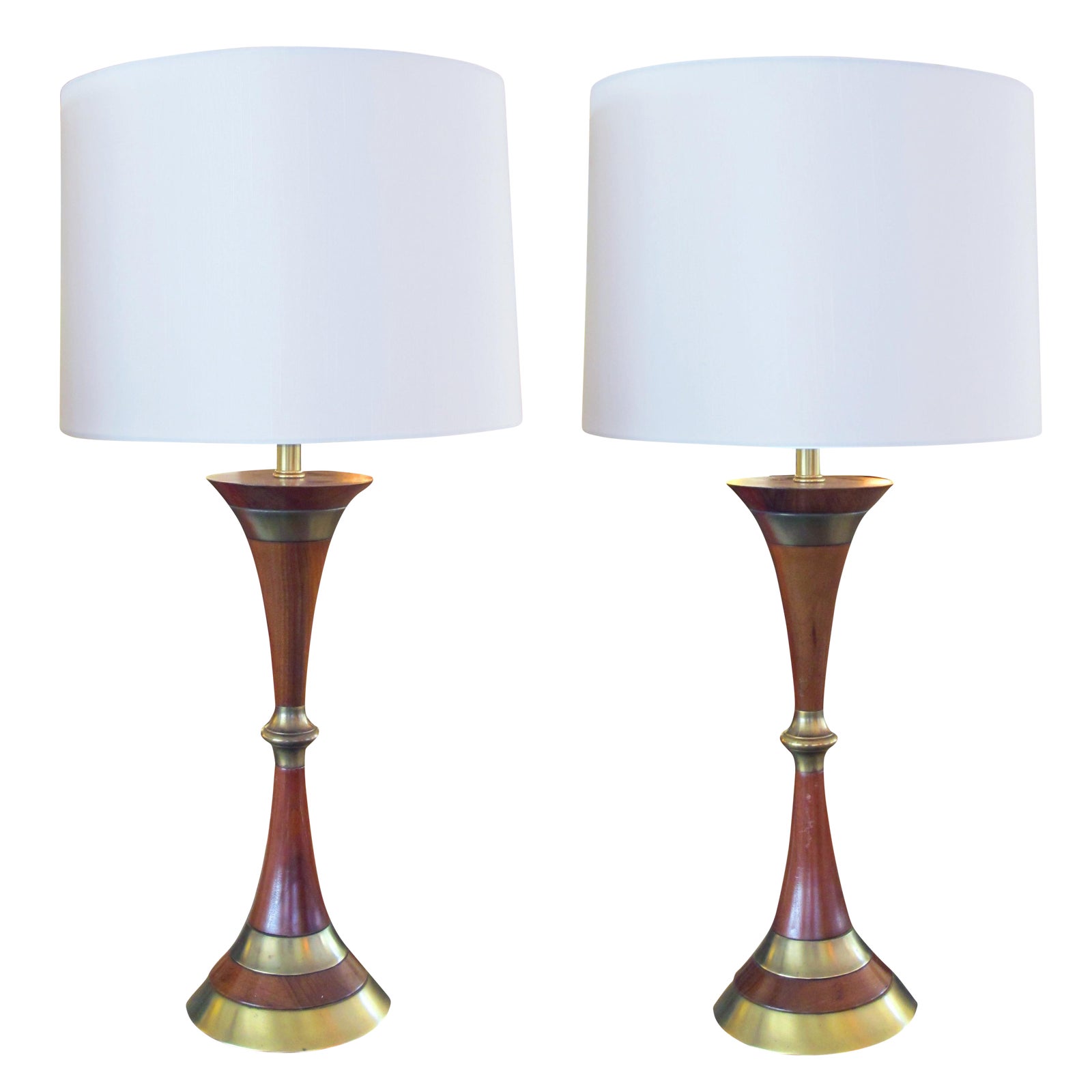 A Shapely American Mid-Century Walnut & Brass Hour-Glass Shaped Lamps ...
