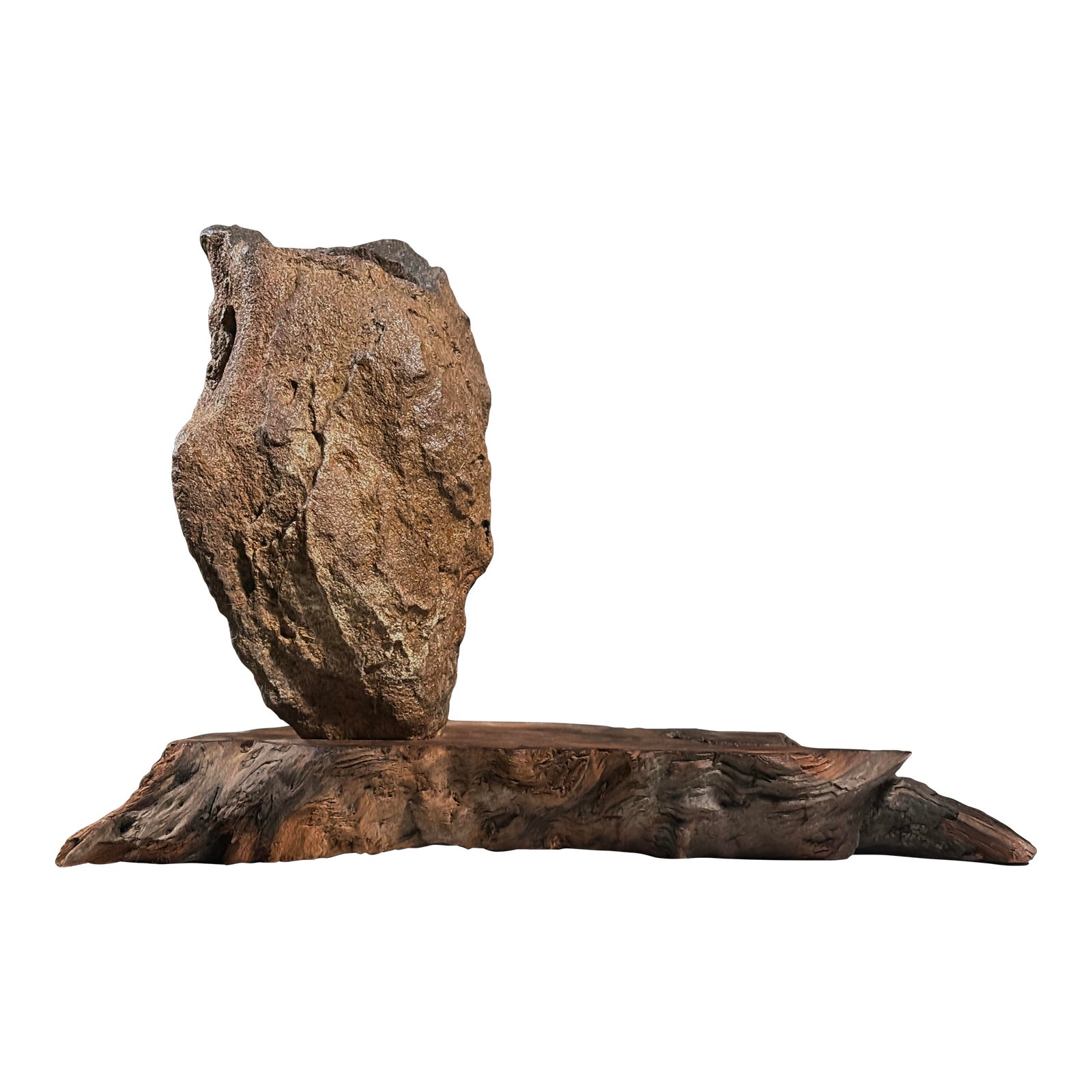 Vintage Japanese Minimalist Carved Rock Vessel With Live Edge Wood Base ...