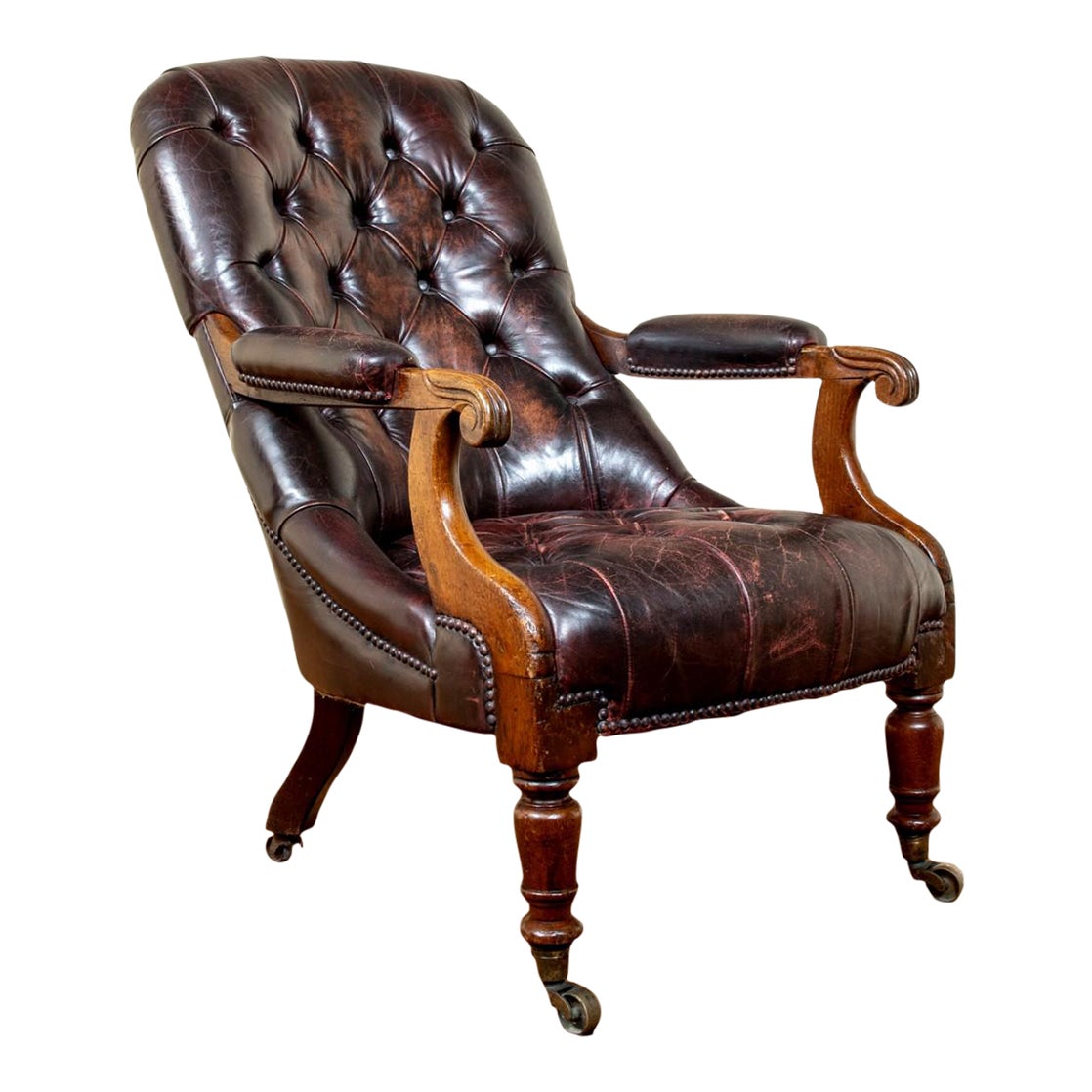 19th Century English Leather Chesterfield Library Chair on Castors ...