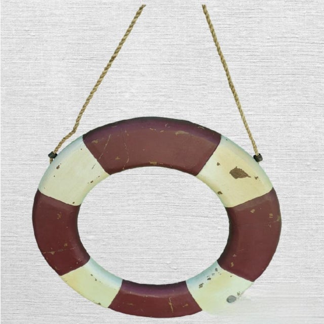 Vintage Huge Coastal Maroon Cream Distressed Carved Wood Life Saver ...