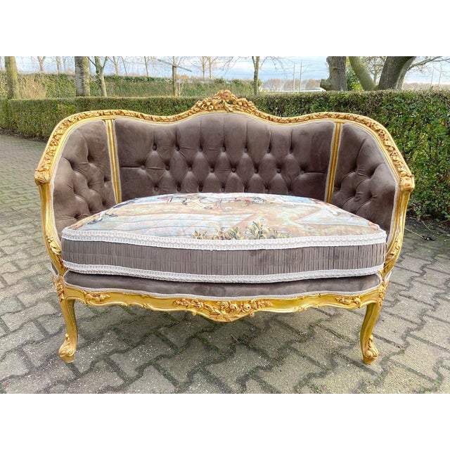 Vintage French Louis XVI Corbeille Style Settee in Rich Brown Velvet | Chairish