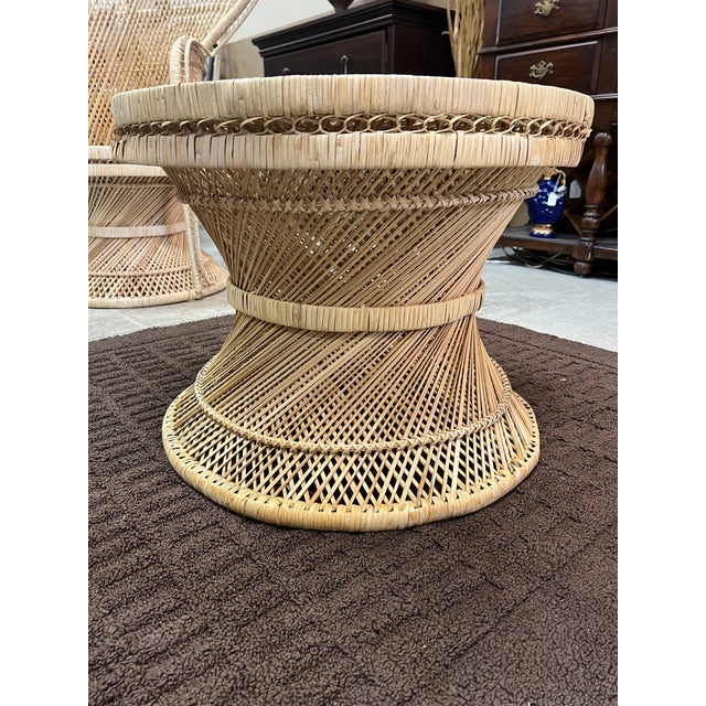 1970s Vintage Round Wicker Rattan Glass Top Side Table | Chairish