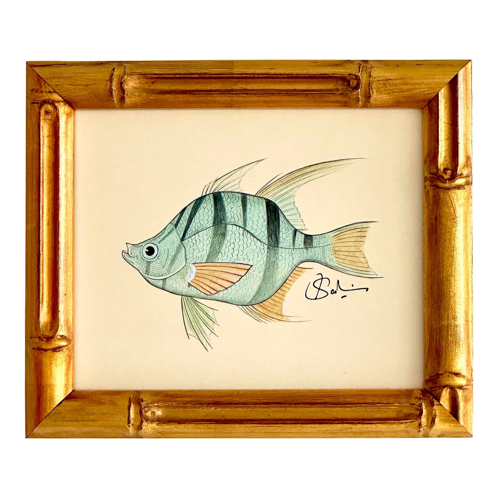 Original Hand-Painted Blue Fish Painting, Framed | Chairish