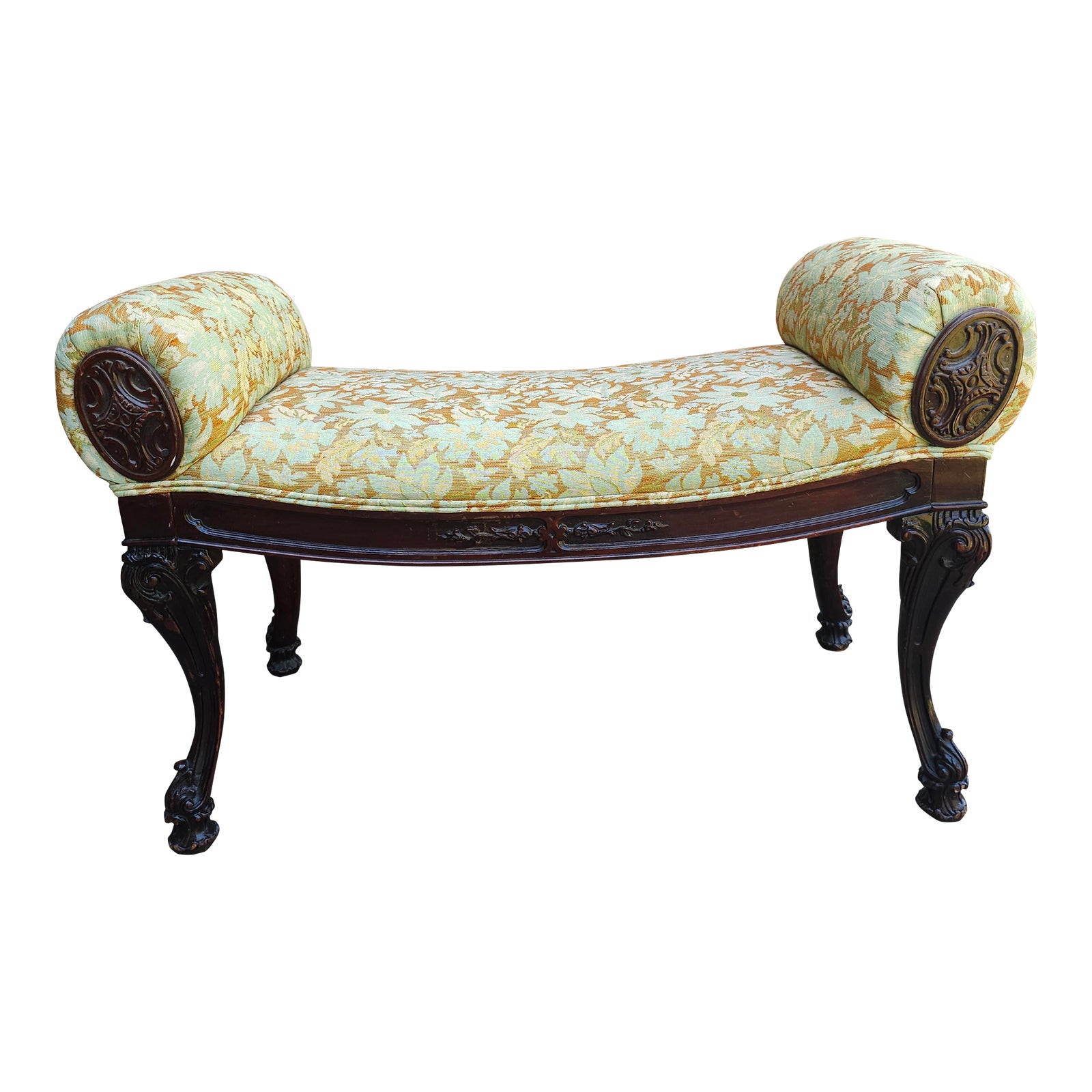 Carved Mahogany and Upholstered Rolled Arms Bench | Chairish