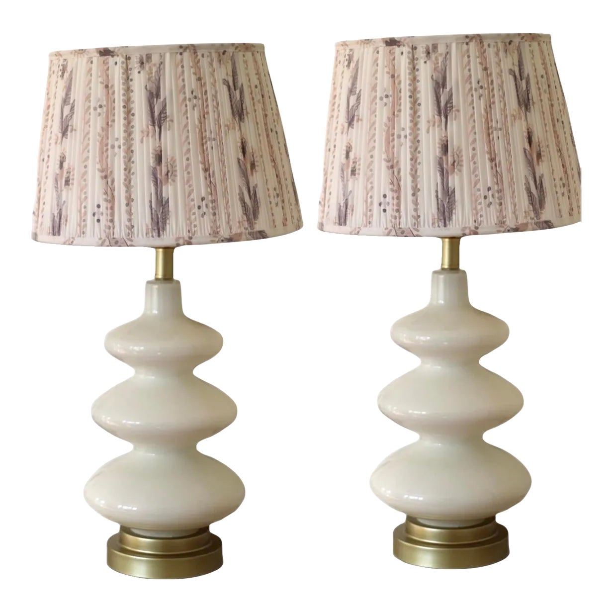 Pair of Modern White Glass Lamps With Custom Pleated Cotton Lampshades ...