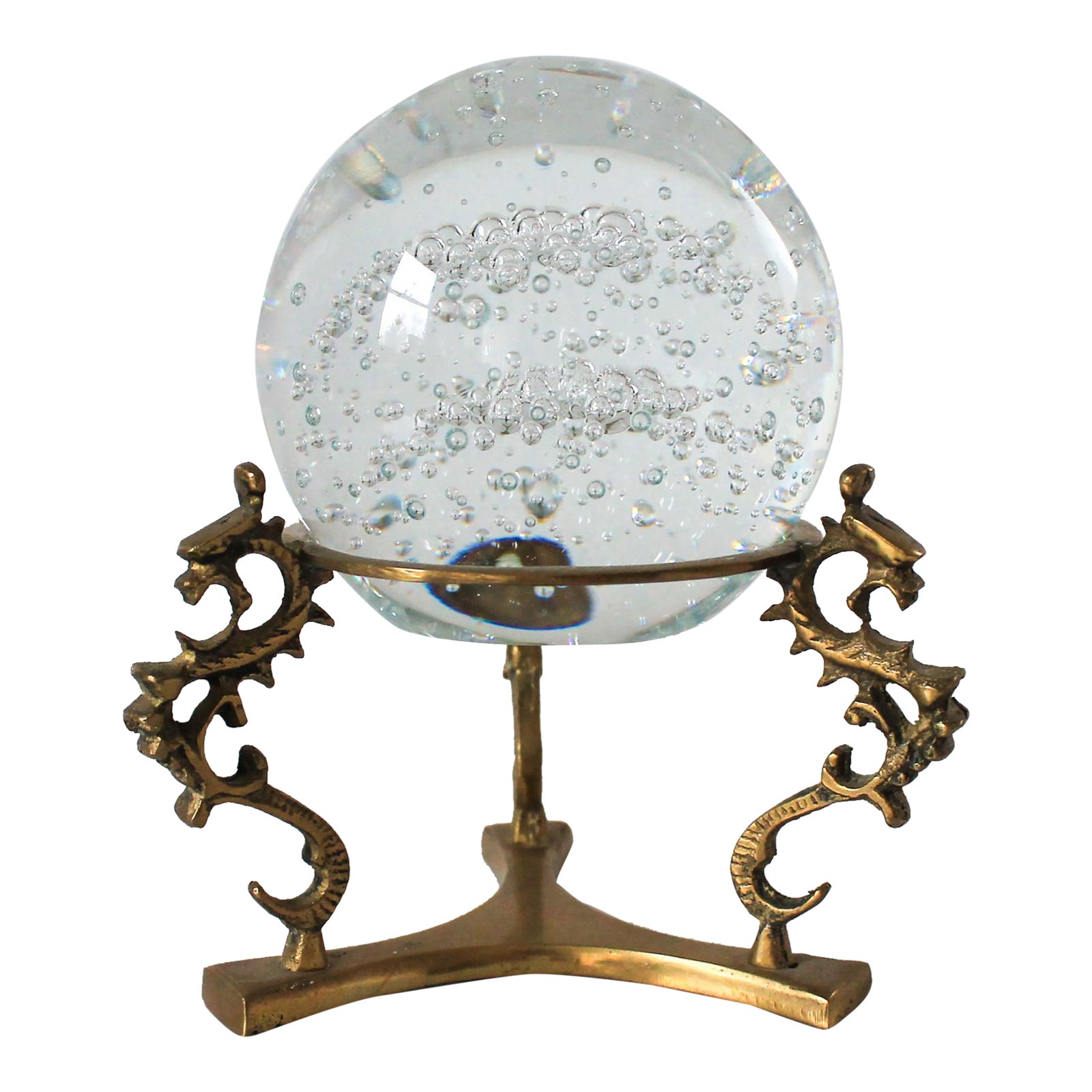 Vintage Art Glass Bubble Orb Sphere W/ Ornate Dragon Brass Stand | Chairish