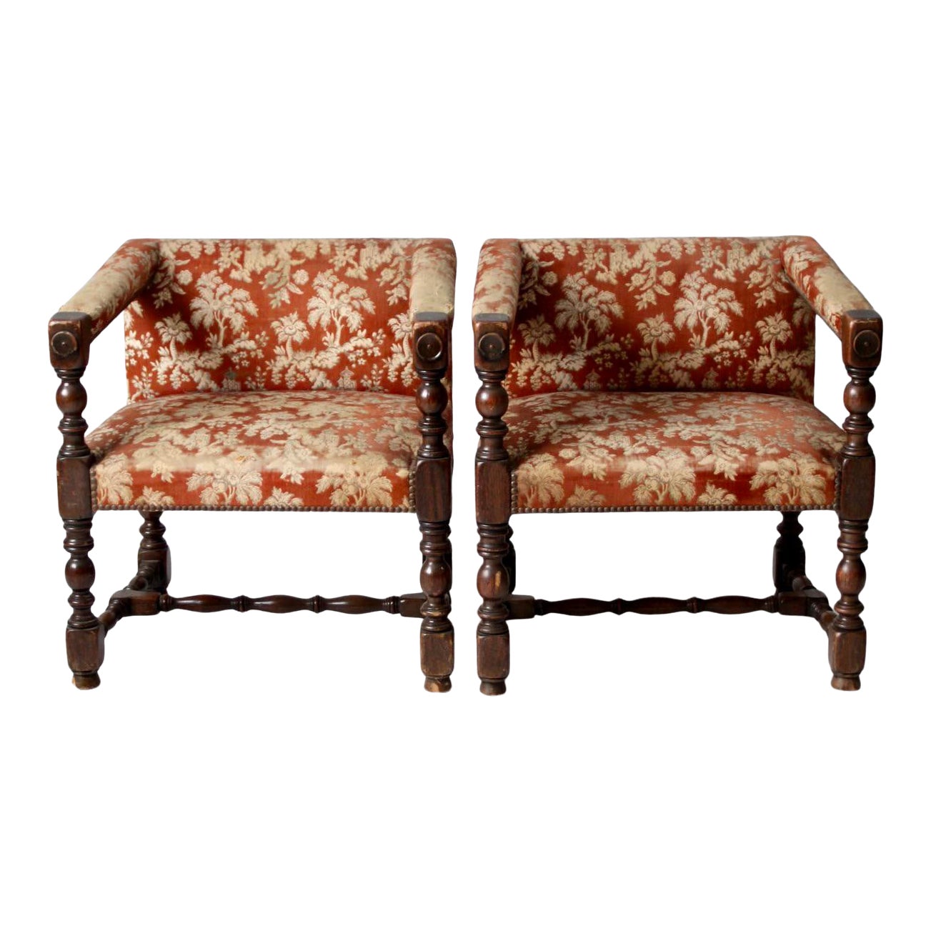 Antique Upholstered Turned Wood Low Back Arm Chairs Pair | Chairish