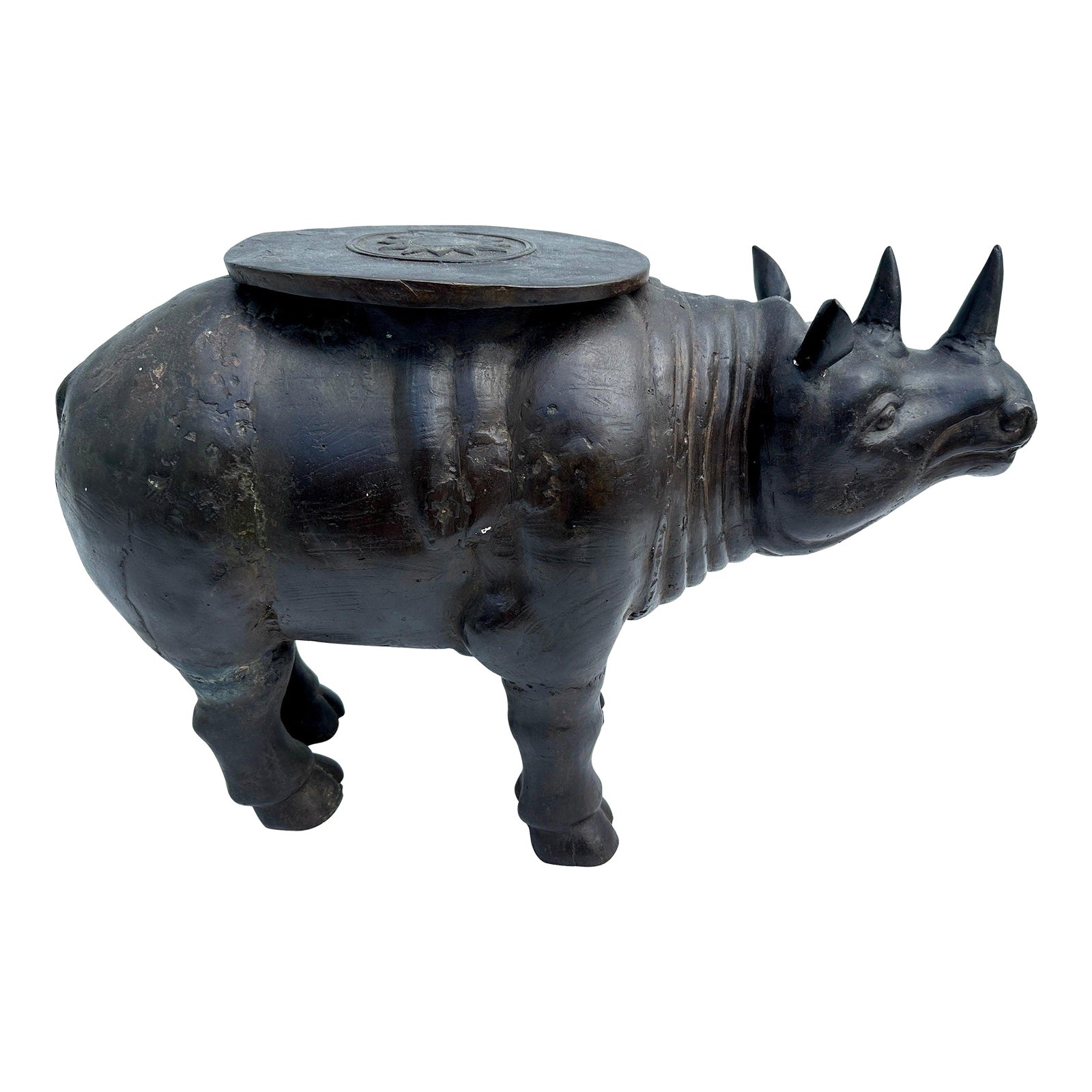 Large Scale Vintage Bronze Rhino Sculpture/ Side-Table | Chairish
