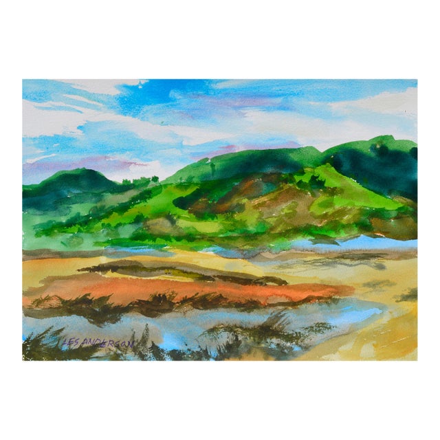 Vintage Hillside Lake Watercolor Landscape by Les Anderson | Chairish